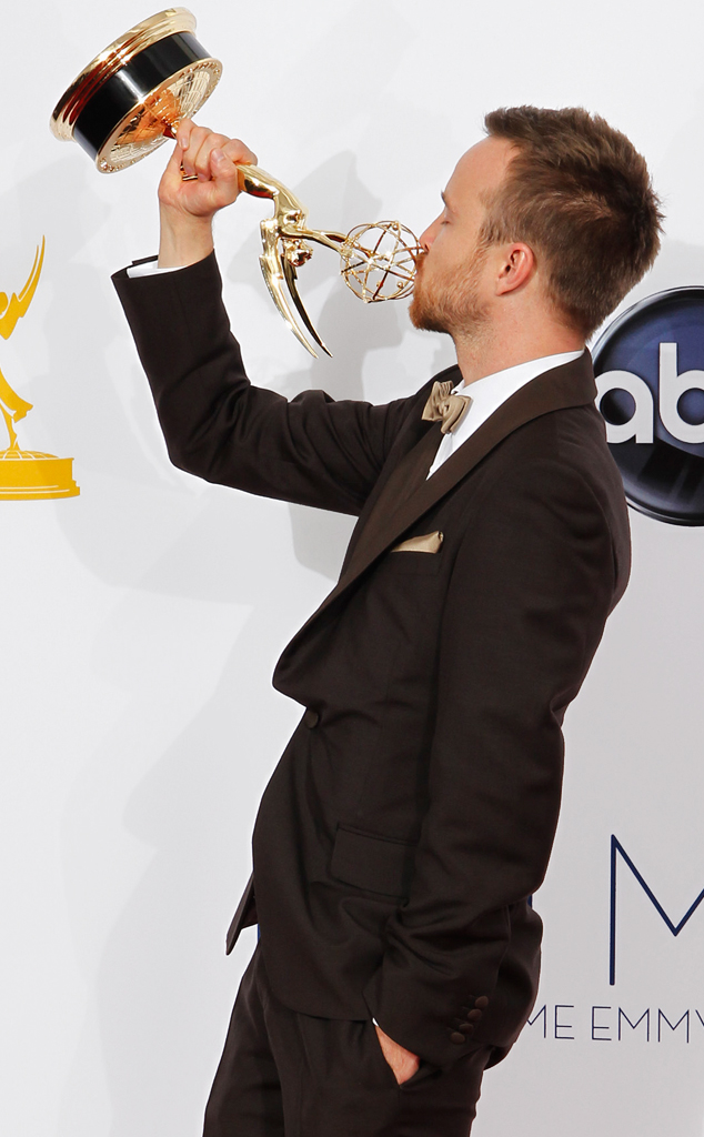 Aaron Paul And His Emmy From 2012 Emmys Stars Kissing Each Other E News